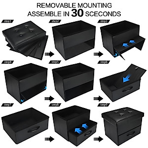 Bsketa Storage Ottoman with Drawers, Folding Foot Stool with Thicker Foam Padded Seat Small Leather Storage Ottoman Bench Foot Rest for Living Room Foldable Coffee Table 17x13x13in,Black