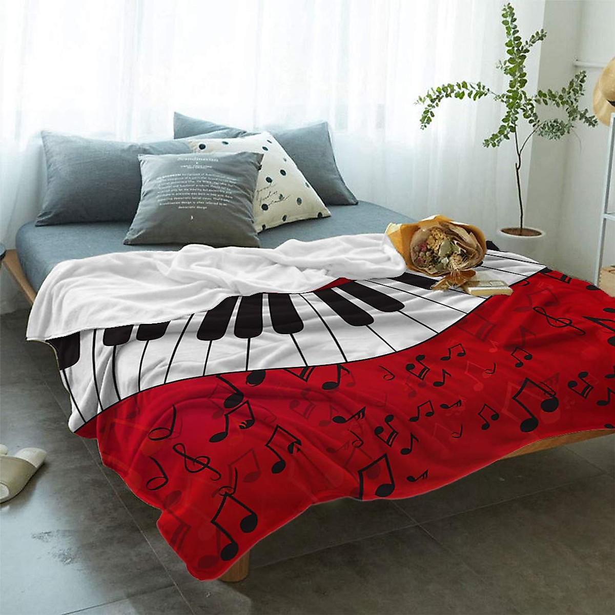 Love - Home Cozy Flannel Blanket for Couch/Bed/Office/Travel 40 x 50 Inches, Piano Key Music Notes Red Background - Luxury Soft Warm Throw Blanket for Children/Parents