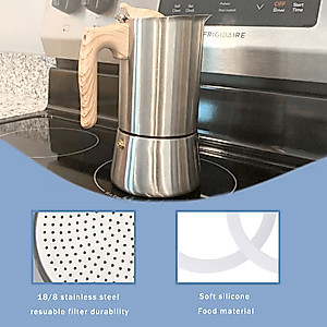 Sivaphe 6 Cups Stovetop Espresso Coffee Maker Replacement Parts Stainless Steel Moka Pot, 1 Filter and 3 Silicone Gasket Seals