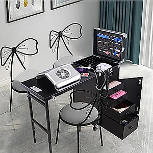 Bei Cheng Rolling Manicure Desk Makeup Train Case Travel Cosmetic Trolley Storage Organizer Nail Tables for Technician Workstation Makeup Salon with 4 Drawers Mirror & Speaker Black