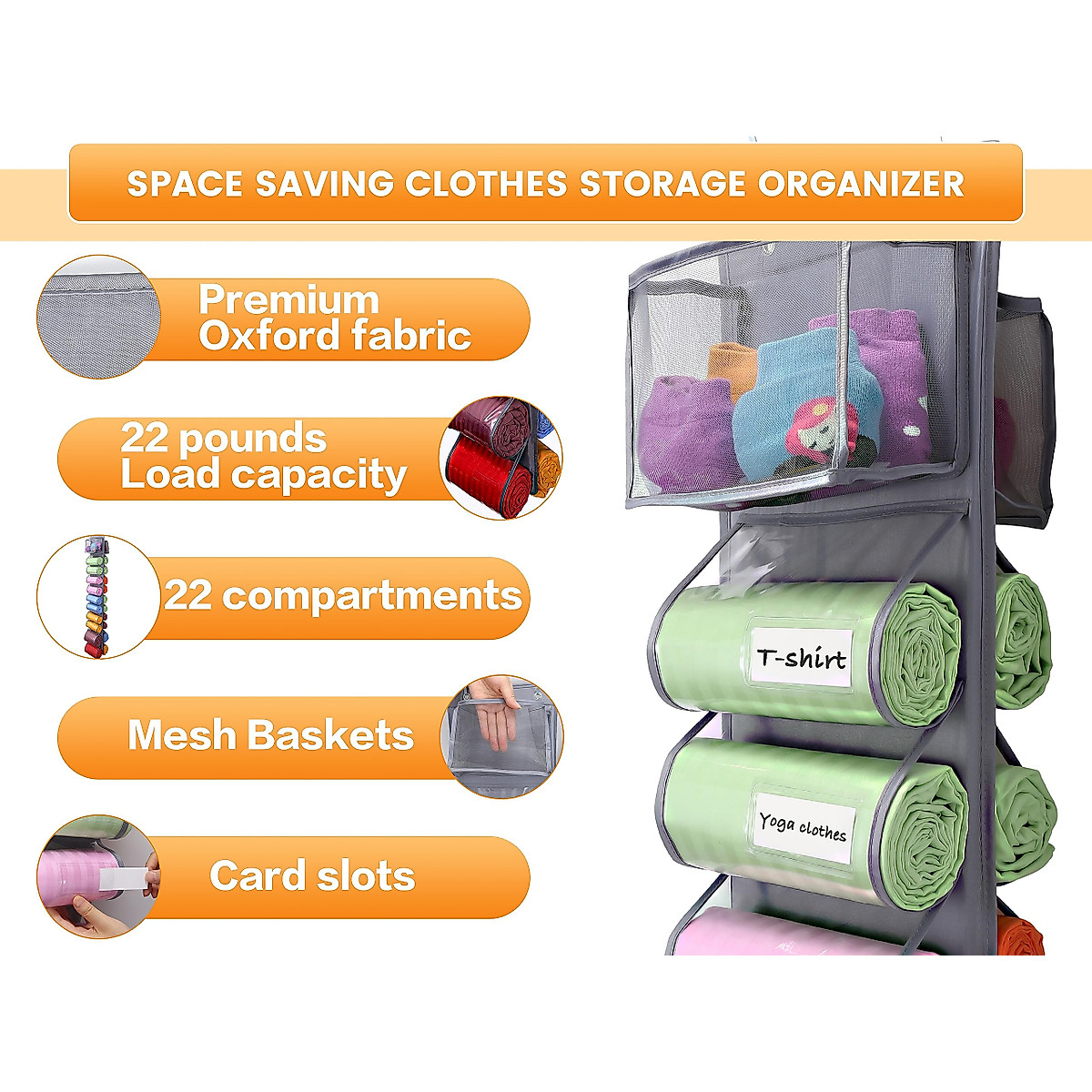 HOMELANE Premium Hanging Closet Storage Organizer for Leggings Yoga Pant Jeans Socks Bra Underwear Top T-Shirt Gym Clothes Scarf Hoodie Sweater Towel Bag, Small Foldable Roll Hangers - 22 GRIDS (Grey)
