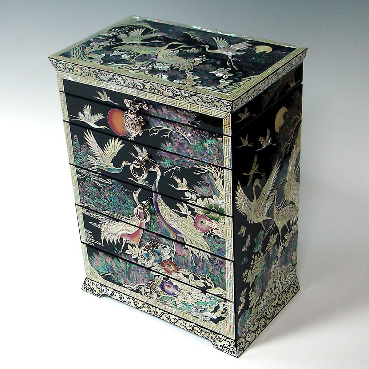 Antique Alive Mother of Pearl Inlay Design Jewelry Box, Wood Jewelry Box, Trinket Case, Keepsake Treasure Chest Box Organizer Holder (Pine Black)