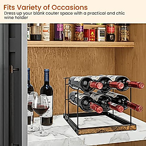 Homode Wine Rack Countertop, Wine Bottle and Glass Holder, Tabletop Wood & Metal Wine Stand Organizer for 6 Bottles and 4 Glasses Storage, for Kitchen Counter, Cabinet, Rustic Brown