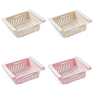 YIWULA 4PCS Drawer for Fridge Kitchen Organizer Refrigerator Storage Rack Fridge Freezer Shelf Holder Pull-Out Drawer Space (Beige+Pink)