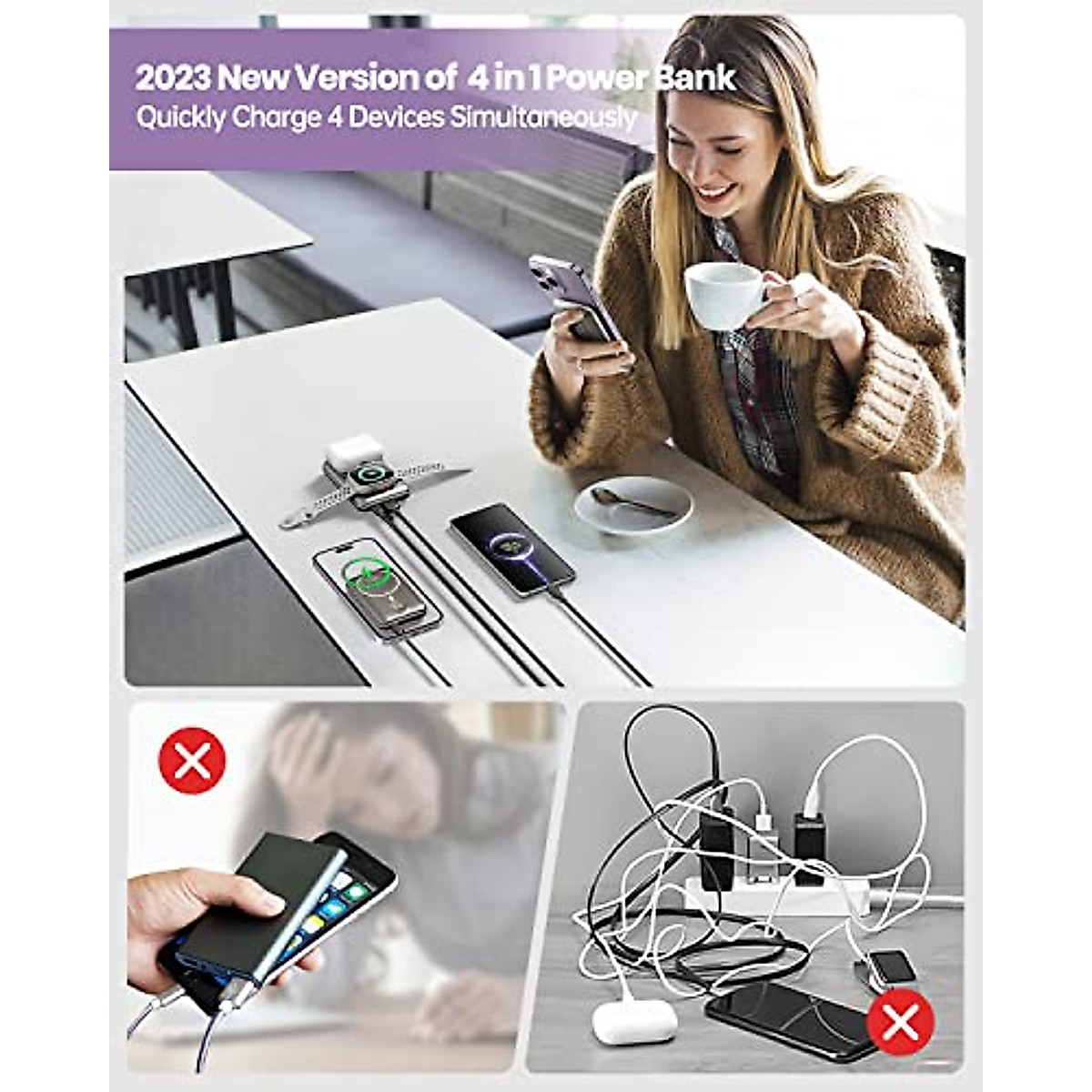 Coolreall 【4 in 1】 Magnetic Wireless Power Bank, Slim 10000mAh Portable Charger with Phone Holder, 15W Type-C Fast Charger Mag-Safe Battery Pack Compatible with iPhone 14 13 12 iWatch Series