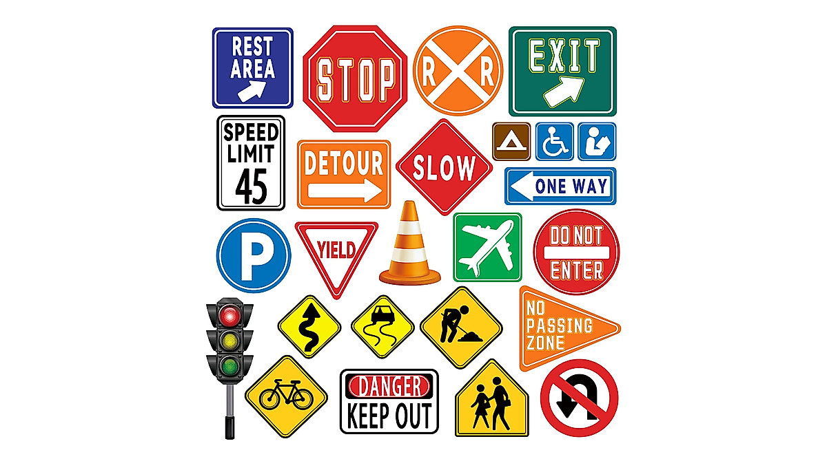 Wondever 25 Traffic Road Signs Wall Stickers for Kids & Classroom