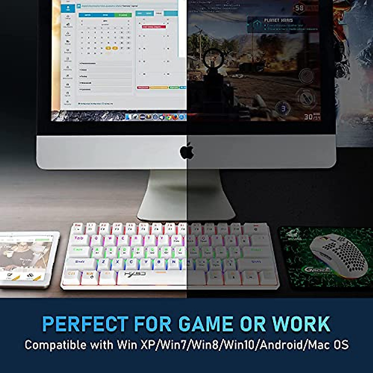 60% True Mechanical Gaming Keyboard Mouse Set, Type C Wired 61 Keys Layout Rainbow LED Backlit USB Waterproof Keyboard Anti-ghosting Keys+Lightweight RGB Mice 6400DPI for Computer/PC/Laptop/MAC(White)