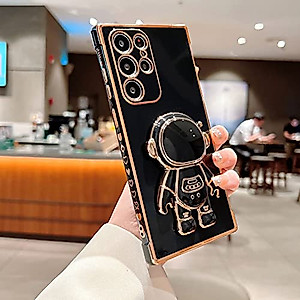 Jusy Samsung Galaxy S22 Ultra 5G Case - 6D Plating Astronaut Stand, Camera Protector, Shockproof Bumper, Love Heart Theme, Elegant Design for Girls & Women - Black