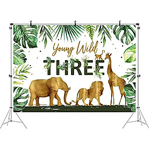 Ticuenicoa Young Wild Three 3rd Birthday Backdrop Jungle Safari Animals Background for Photography Tropical Leaves Backdrops Third Birthday Party Decorations 3 Years Old Photo Booth Props 5x3ft