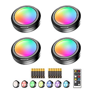 LOINSGLIM Puck Lights with Remote,7 Colors Under Cabinet Lighting Wireless,Battery Operated RGB LED Lights Dimmable, Push Lights for Closet,Kitchen,Under Counter Lights Bar Display Shelf (4pack)