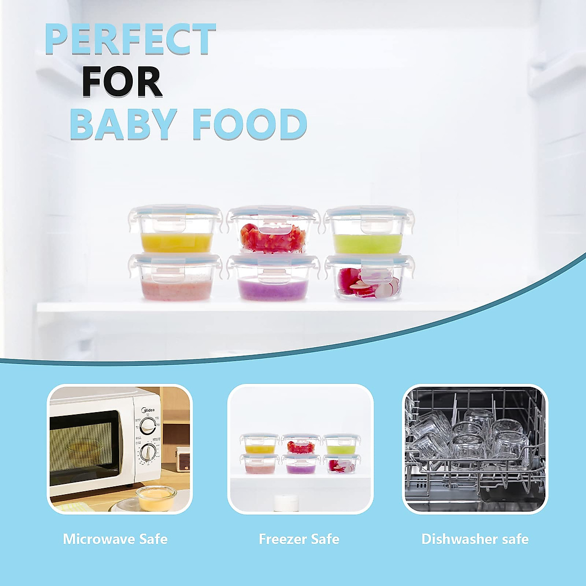 Luvan 7oz Glass Baby Food Containers, 12 Pack Baby Food Jars with Lids Leakproof, Stackable Baby Food Storage Containers Freezer Safe, Baby Bullet Containers for Fruit Purees and Vegetable Mashes