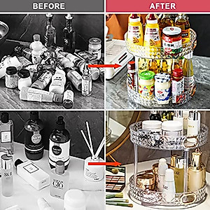 YEAVS 2 Tier Lazy Susan, 11 Inch Clear Turntable 360° Rotating Deep Spice Makeup Organizer, Plastic Cosmetic Holder Condiment Rack with Handle for Kitchen Cabinet, Countertop, Bathroom Storage