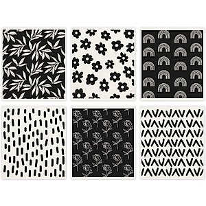 Whaline 6Pcs Minimalist Swedish Dishcloth White Black Flower Leaf Rainbow Geometric Reusable Kitchen Dish Towel Absorbent Cotton Cleaning Dishcloth for Graduation Party Housewarming Gift, 6.7x7.7 Inch