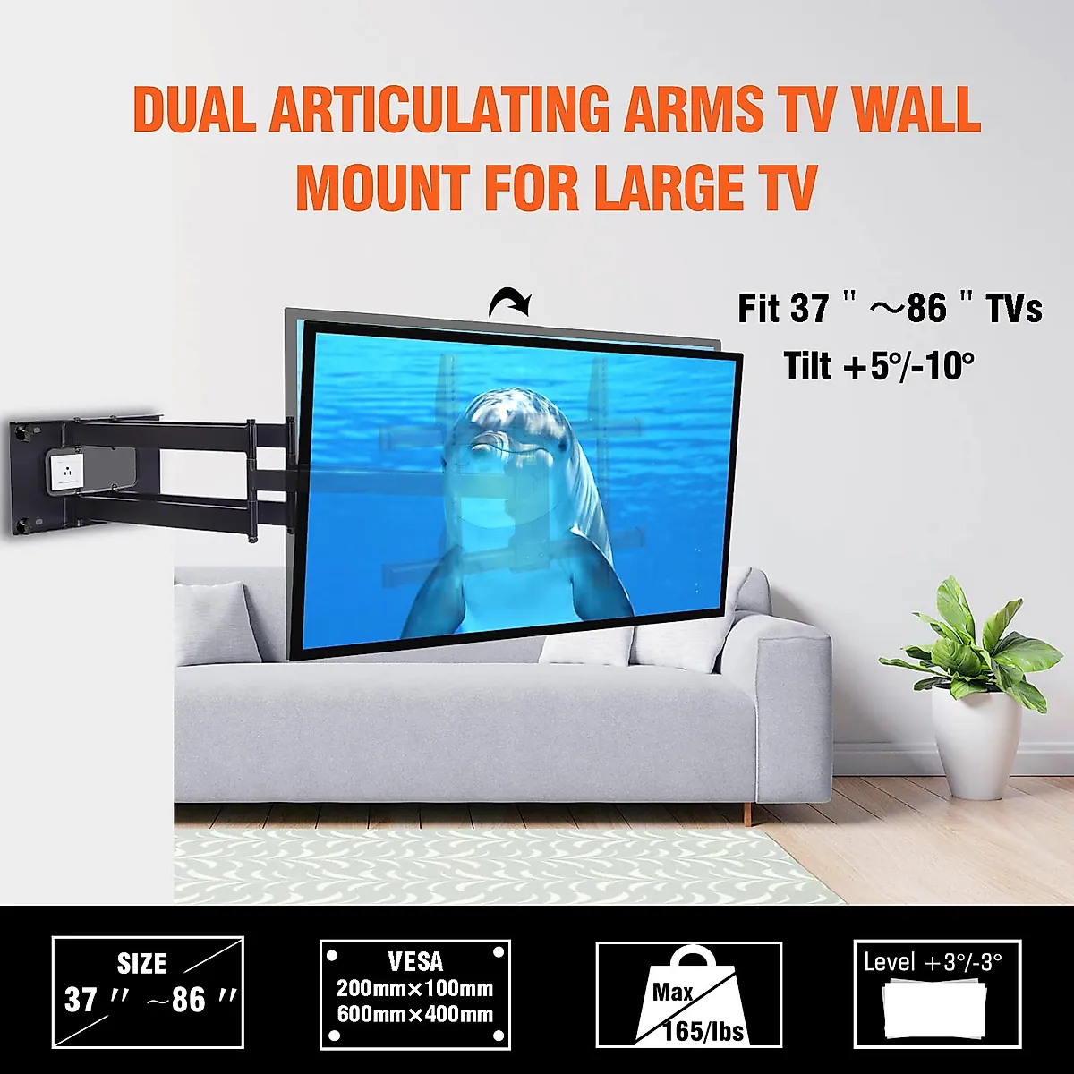 Heavy Duty Long Arm TV Wall Mount,43'' Dual Articulating Arm, Full Motion Swivel Tilt Level,Fits 50-95" TVs,Holds 165 lbs,VESA 800x400mm, Easy Installation,Space Saving