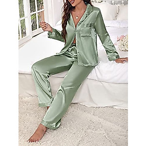 OYOANGLE Women's Satin Long Sleeve Pajama Set Button Down Silk Pj Set Sleepwear Lounge Set Mint Green XL