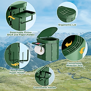 PAHTTO Portable Camping Toilet, Foldable Toilet for Adults with Detachable Phone Shelf and Toilet Paper Holder, Waterproof Porta Potty with Lid for Camping, Hiking, RV Travel, Road Trips, Car, Green