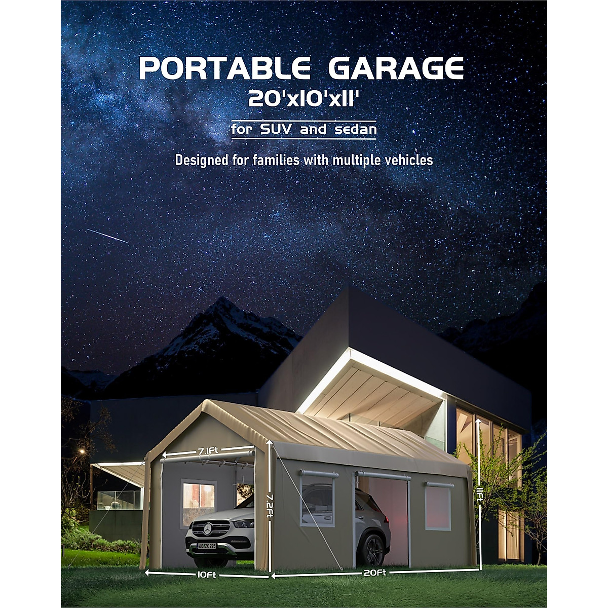 GarveeLife 10 x 20 ft Carport Heavy Duty, Portable Garage with 4 Roll-up Doors, 4 Mesh Windows, 180 g PE Tarps, and 8 x 1.0 mm Poles, for Full-Size Pickups, Bass Boats, and SUVs, Khaki