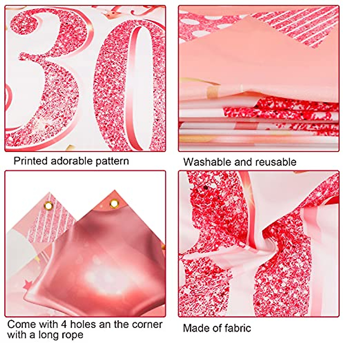 DPKOW Rose Gold 30th Birthday Party Decoration for Woman, Rose Gold 30th Birthday Banner for Backdrop Door Decoration,30th Birthday Background Banner for Garden Wall Decoration, 185 x 90cm Fabric