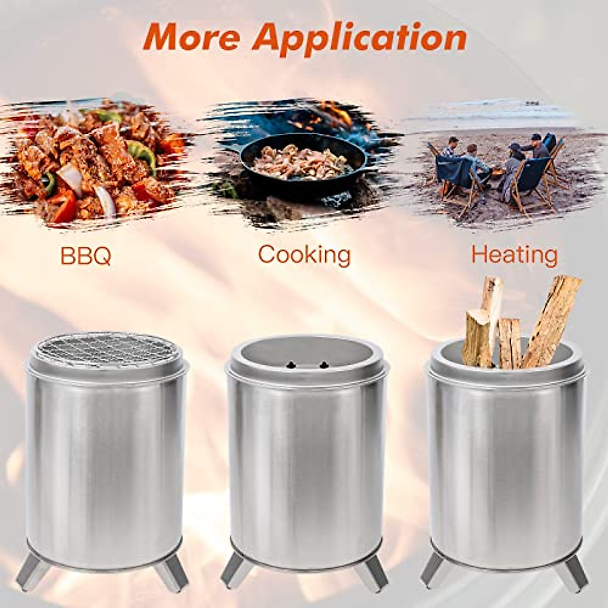 Portable Smokeless Fire Pit with Foldable Legs and Grill, Stainless Steel Outdoor Firepit Wood Burning Bonfire Pit with Carry Bag Safe for Campfire, Cooking, BBQ on Patio Deck Backyard and Beach