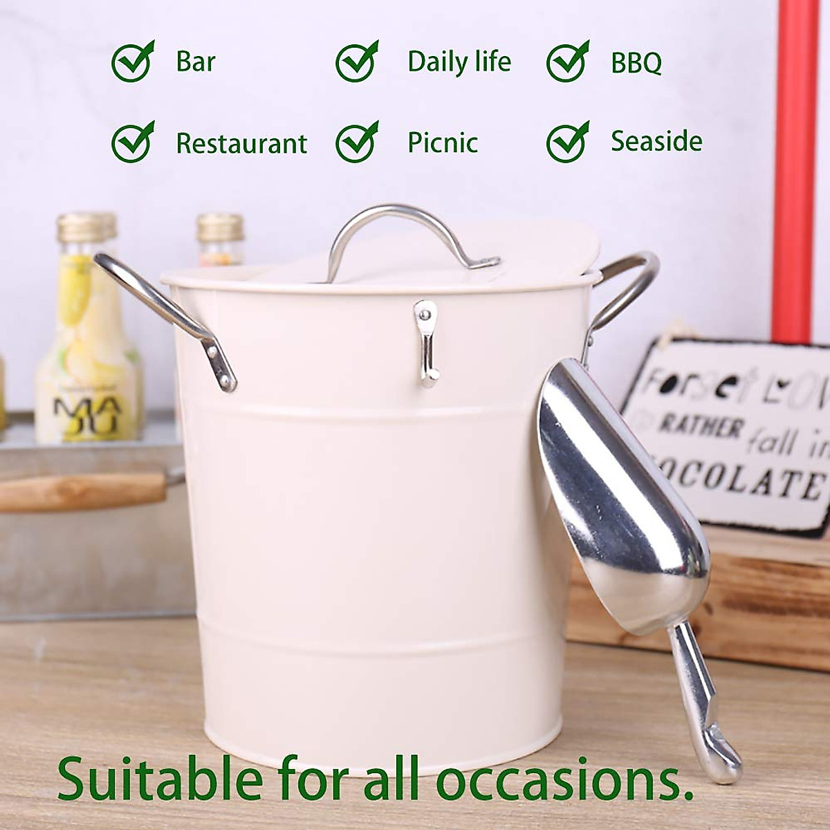 Home by Jackie Inc T586 Cream 4L Metal Double Walled Ice Bucket Set with Lid and Scoop