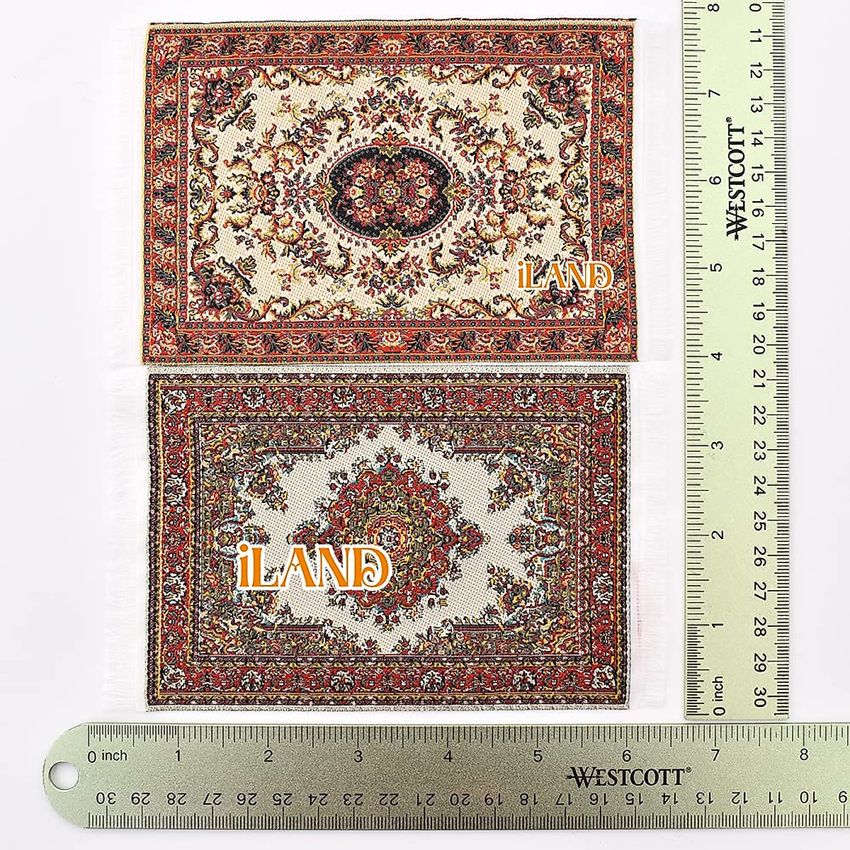 iLAND Miniature Dollhouse Accessories of Carpet for Dollhouse Furniture on 1/12 Scale and 3” - 12” Dolls, Woven Dollhouse Rugs 6” x 3.8” (2pcs Fragrance)