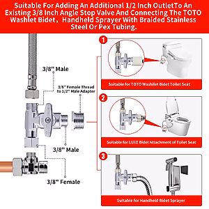Tee Stop Valve 3/8 X 3/8 X 3/8 Or 1/2 Inch bidet T Connector Valve Adapter Tee Connector Adapter For Connector TOTO Washlet Bidet,Handheld Bidet Sprayer,Toilet Tank,Dishwasher