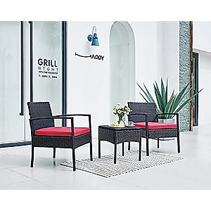 Outdoor Chairs Set Bistro Set 3 Pieces Patio Conversation Set Furniture Set for Small Balcony Rattan Chairs and Table with Cushions Red