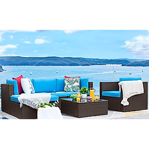 Flamaker 6 Pieces Patio Furniture Set Outdoor Sectional Sofa Outdoor Furniture Set Patio Sofa Set Conversation Set with Cushion and Table (Blue)