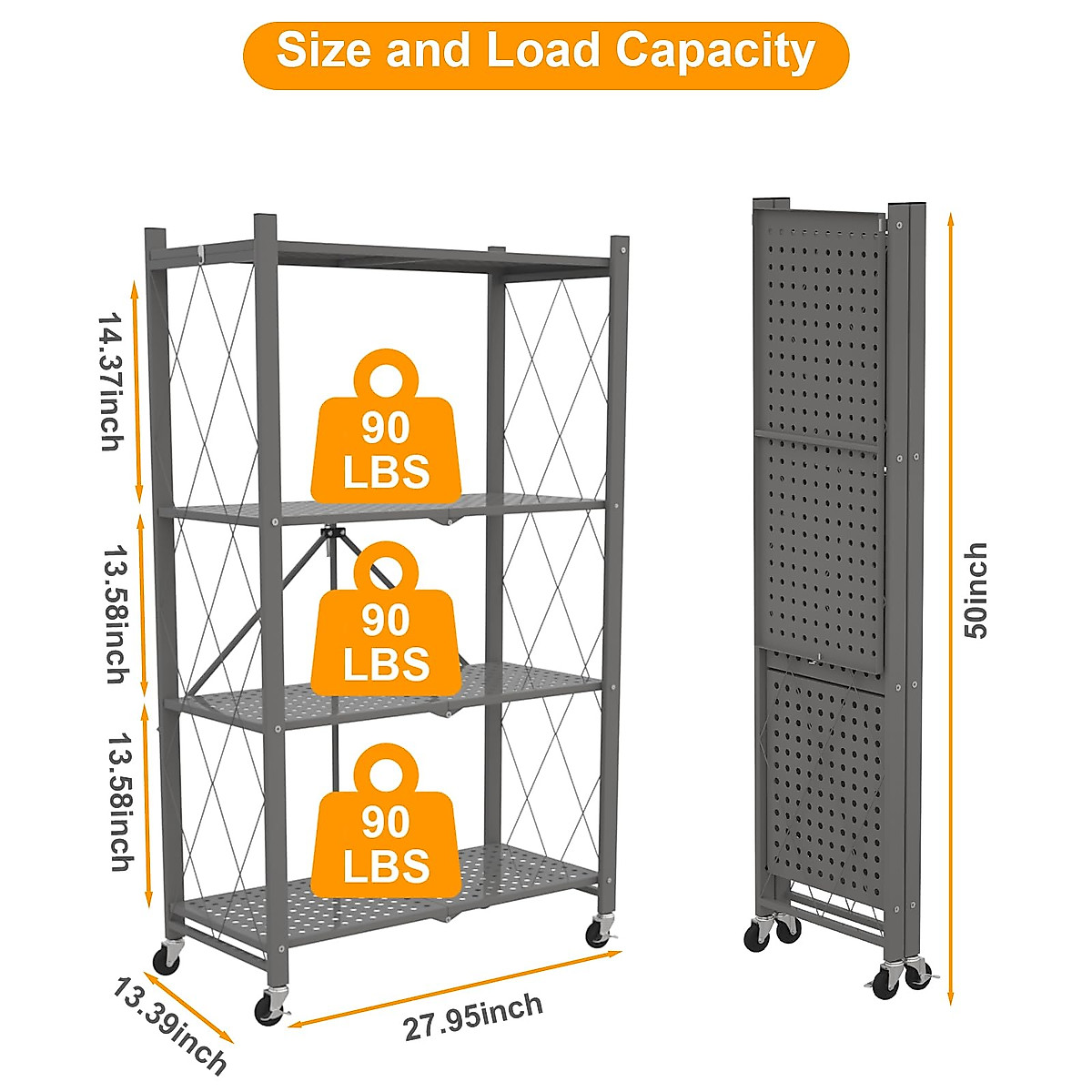 KAERMO 5-Tier Foldable Storage Shelves with Wheels -No Assembly Metal Folding Shelves, Collapsible Shelving Storage Unit Rolling Shelf for Home Garage Kitchen Office (Dark Grey)