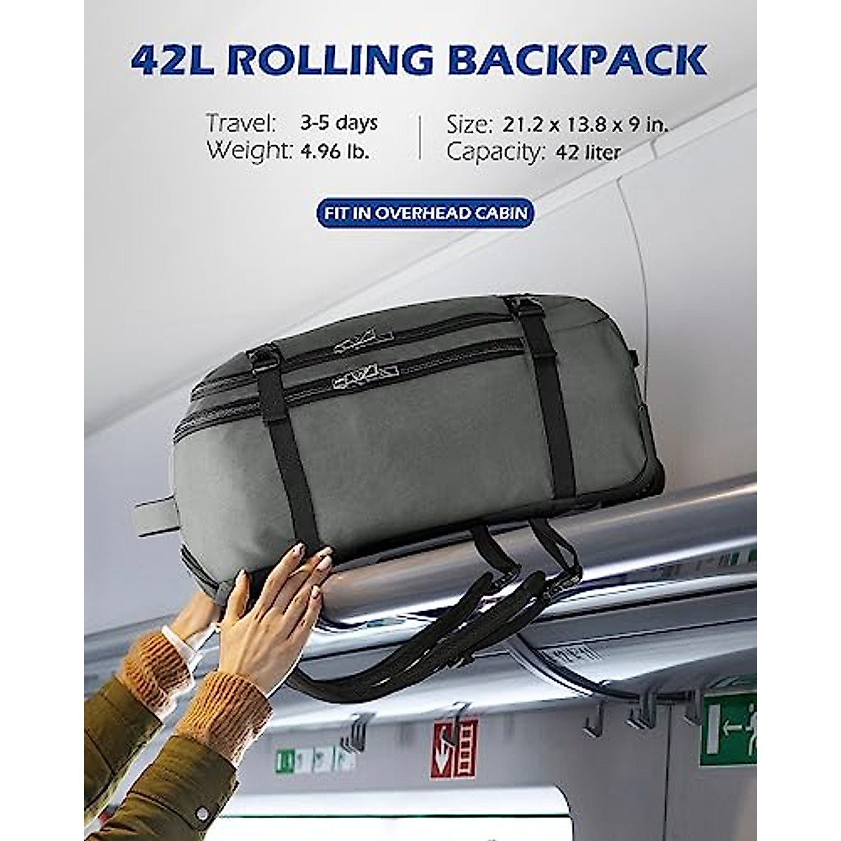 Hynes Eagle 2 in 1 Rolling Backpack 42L Backpack with Wheels Airline Approved Carry on Luggage Laptop Travel Backpack for Women Men Grey with 20L Personal Item Underseat Bag Grey