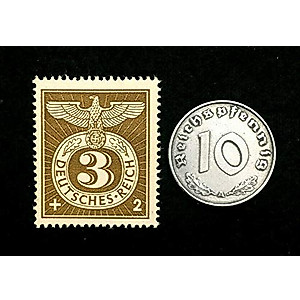 DE 1943 Old WWII German War Ten Rp Coin & RAREST 3pf Brown Stamp World War 2 Artifacts Superb Gem Uncirculated Stamp