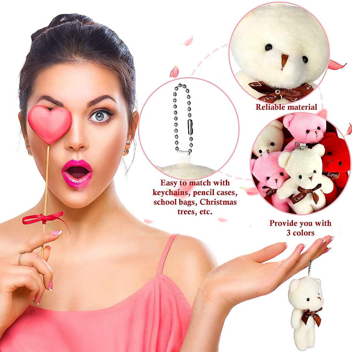 15 Pieces Valentine's Day Mini Bear Toy 4.7 Inch Stuffed Animal Jointed Bear Plush Doll Miniature Bear for Wedding Keychain Birthday Xmas Decorations Party Favors (Red, Pink, White)