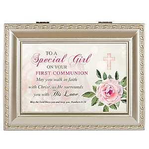Cottage Garden Special Girl On Your Communion Champagne Goldtone Trim Jewelry Music Box Plays Jesus Loves Me