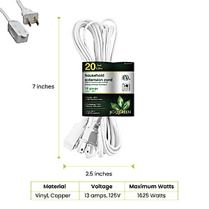 Go Green Power Inc. 20ft Household Extension Cord, White, 3 Outlets, 16/2, Indoor Use Only - Safe, Reliable, and Child-Safe Covers - Ideal for Everyday Electronics