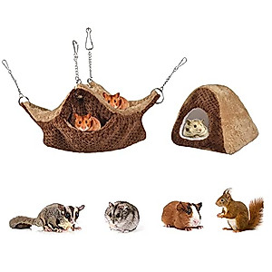 Petmolico 2 Pack Small Animal Hammock, 2 Layer Hamster Hanging Hammock and Warm Plush Tent Bed for Ferret Rat Guinea Pig Chinchilla, Brown