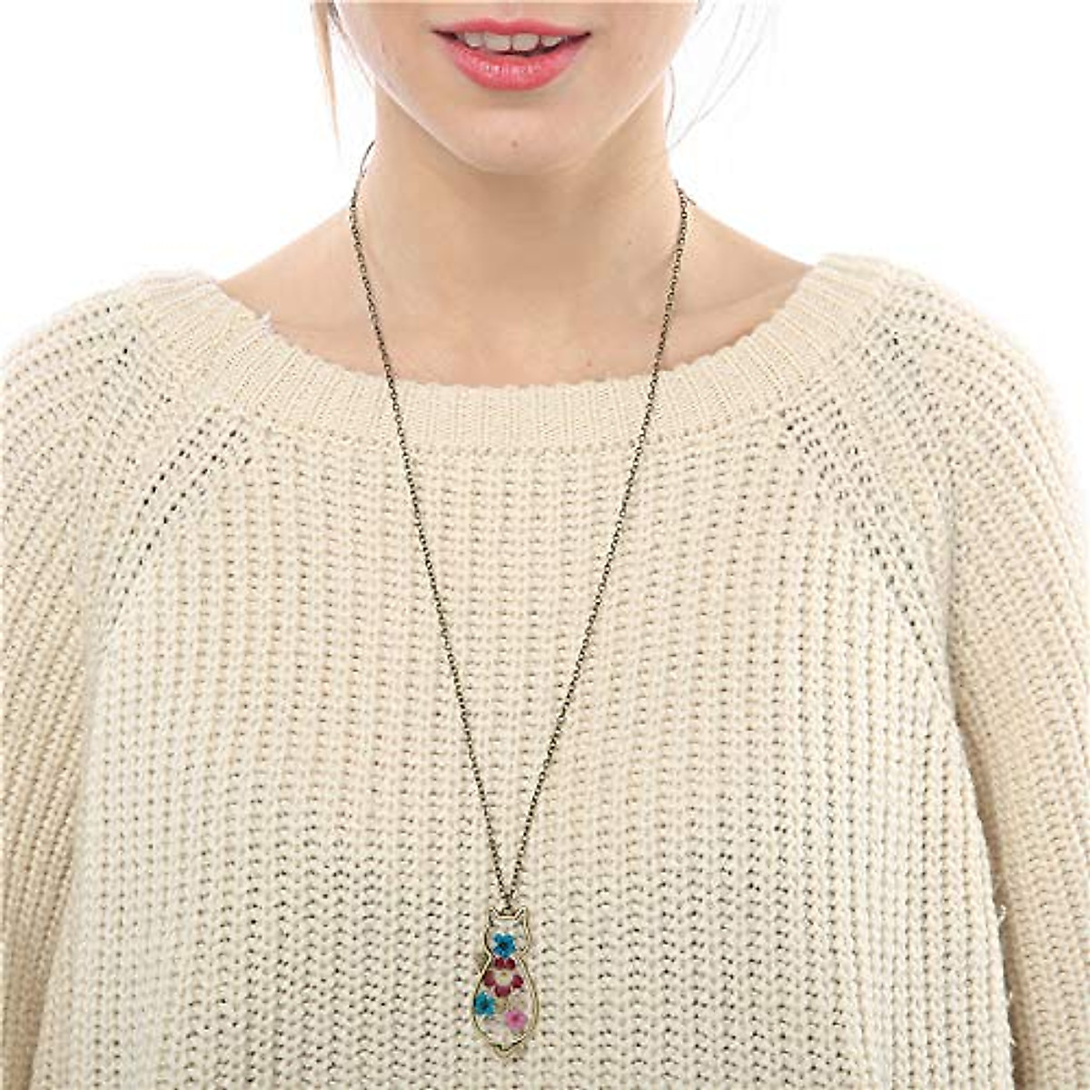 Jude Jewelers Retro Vintage Cat Shape Dry Flower Charm Pendant Necklace (Gold)