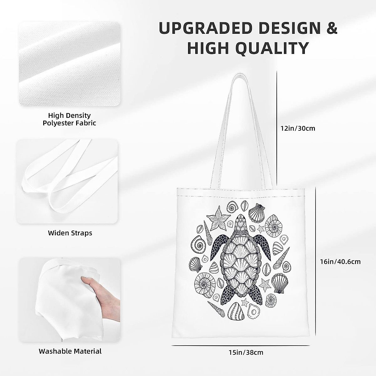 TifyDon Canvas Tote Bag,Tropical Turtle Shells Reusable Large Shopping Shoulder Tote Bag For Women,Sea Art Style Top View Ocean Boho Doodle Tribal Artwork Carapace Beach Tote Bags Bulk