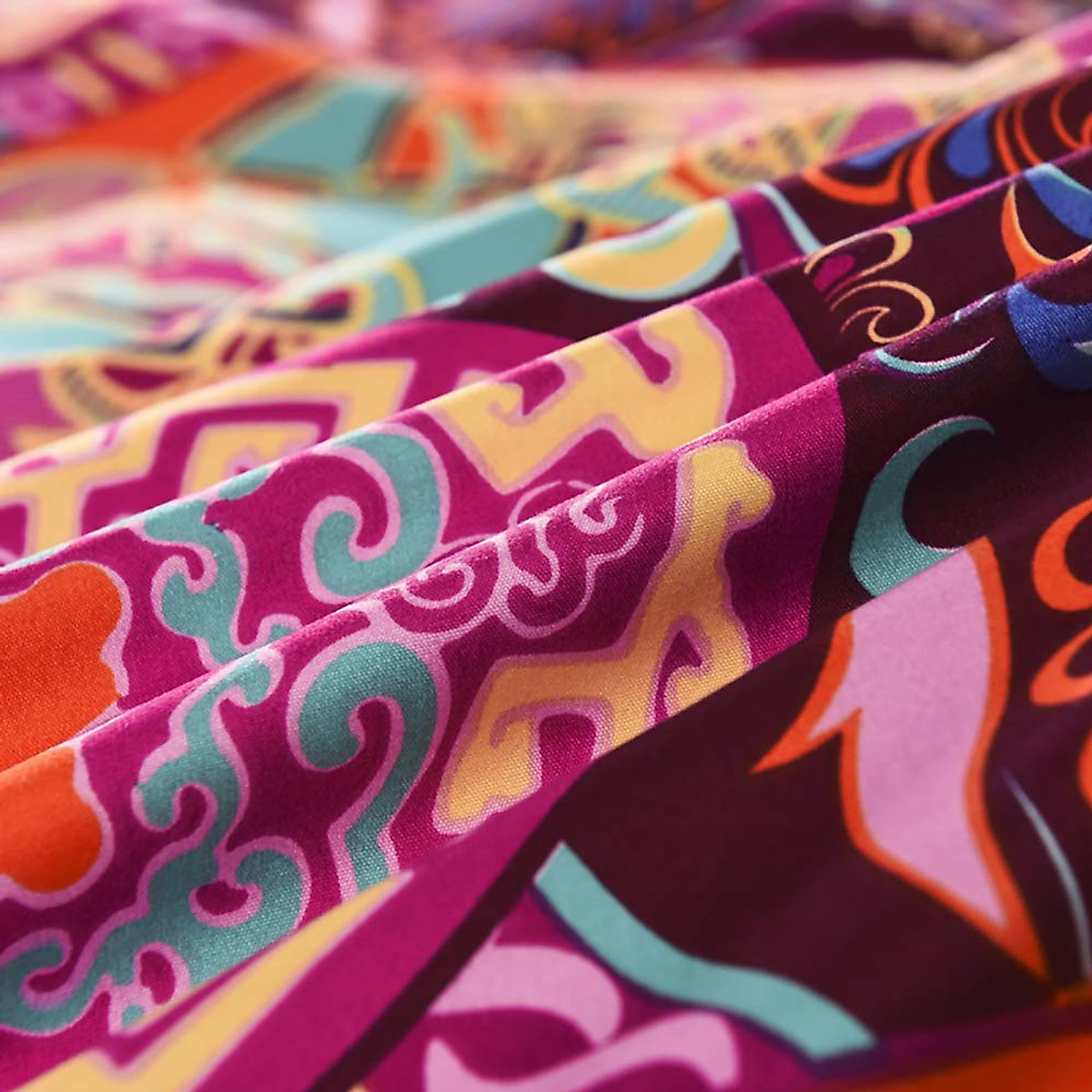 DasyFly 4PCS Bohemian Bedding Lightweight Microfiber Boho Duvet Cover Set Full Queen Size Rose Red Floral Bedding Mandala Duvet Cover with Zipper