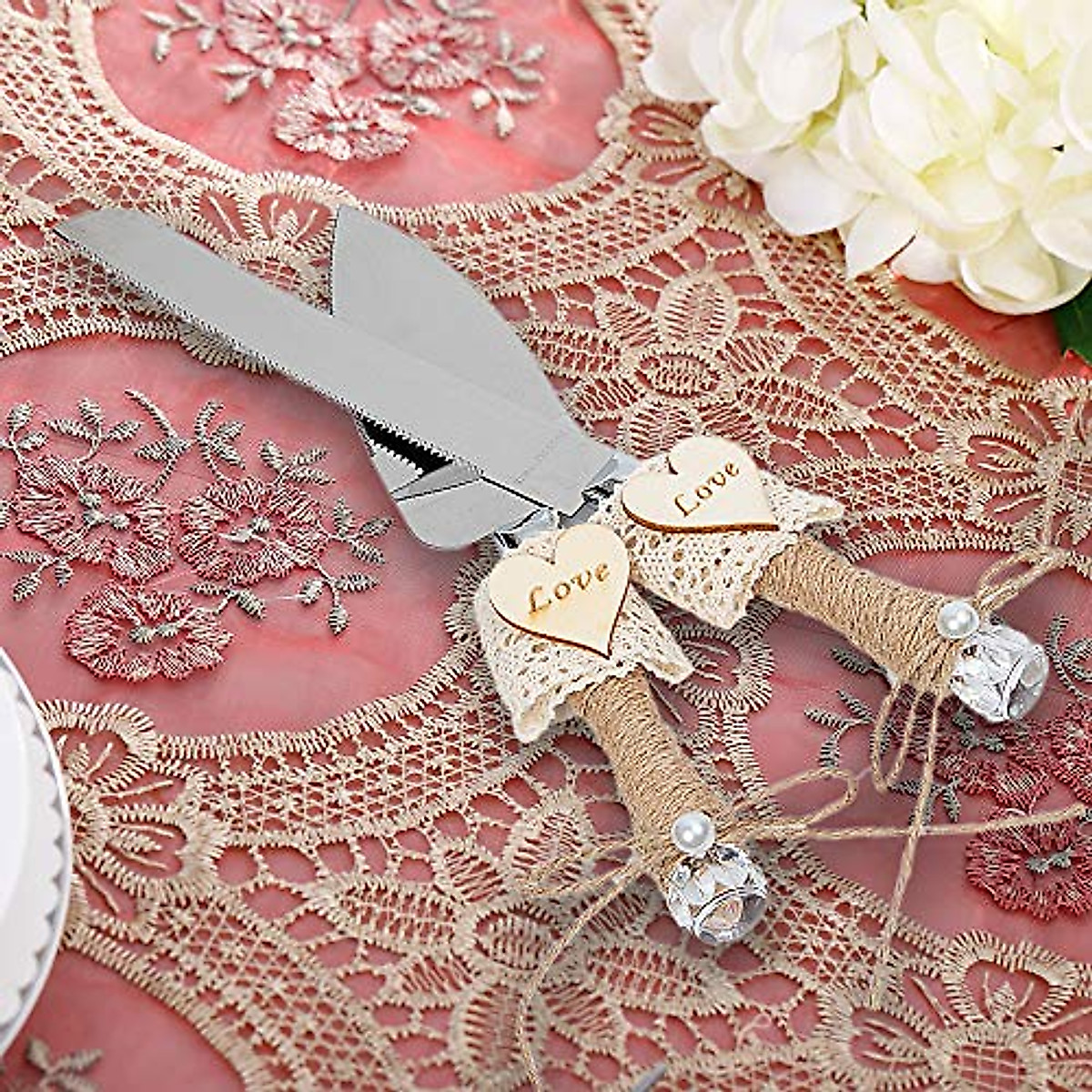 senover Rustic Love Sign Wedding Cake Knife and Server Set,Wedding Cake Knife Serveing,Pizza Pie Cake Cutter for Parties Weddings Birthdays Anniversaries (love and lace)