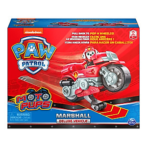 Paw Patrol, Moto Pups Marshall’s Deluxe Pull Back Motorcycle Vehicle with Wheelie Feature and Toy Figure