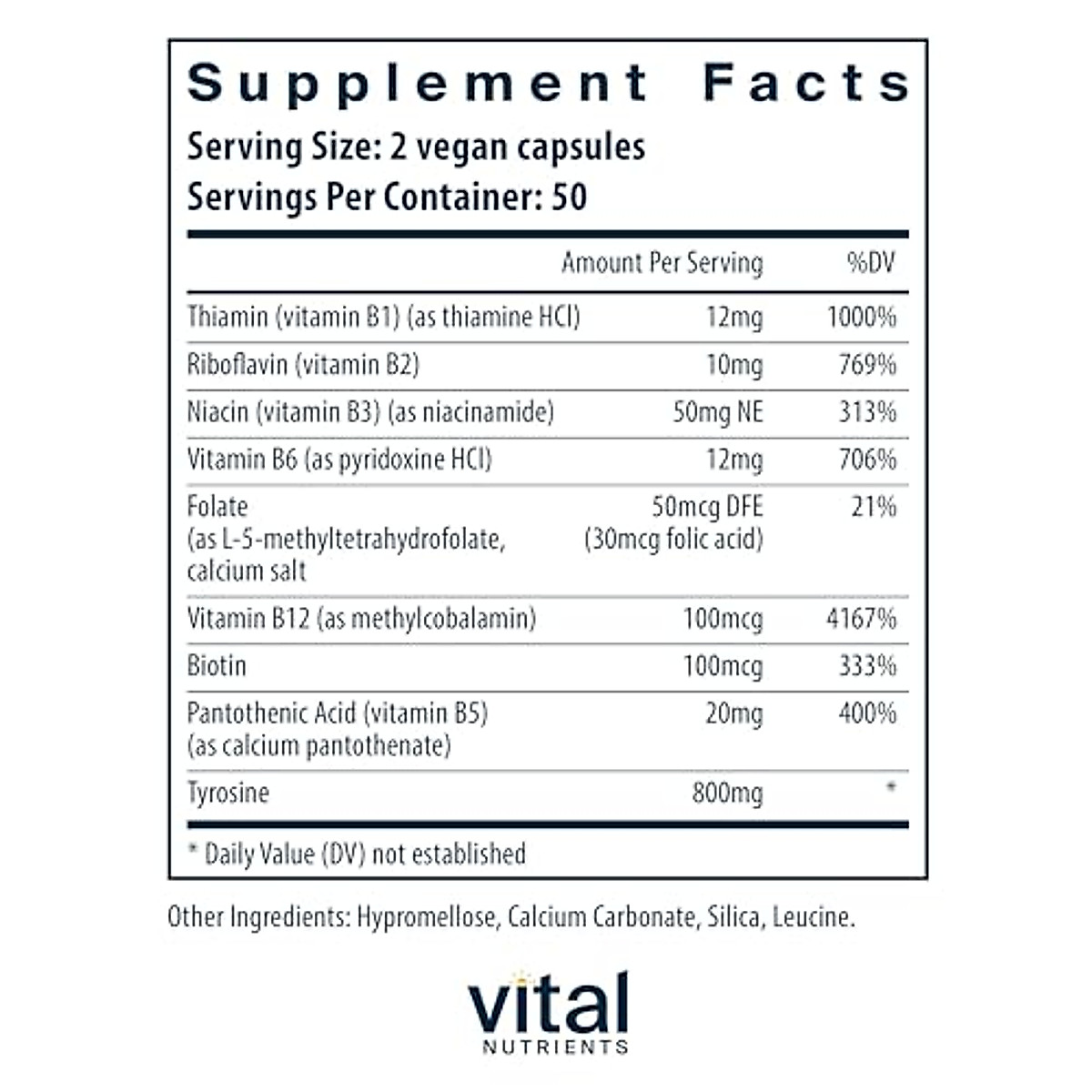 Vital Nutrients - Tyrosine and B-Vitamins - Complex Thyroid and Nerve Support Formula - Adrenal Support - 100 Vegetarian Capsules per Bottle