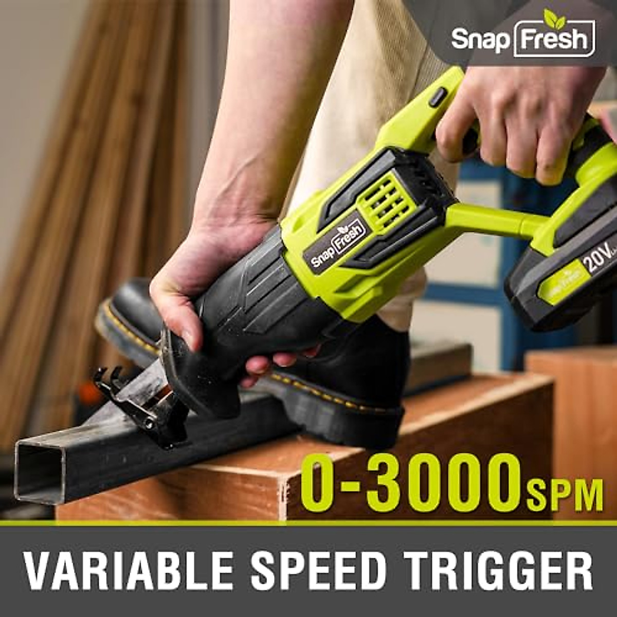 Reciprocating Saw - SnapFresh Cordless Reciprocating Saw for Woods Metal Plastic Cutting, 0-3000 SPM Powerful Motor Reciprocating Saw, Lightweight Cordless Design, Battery-powered