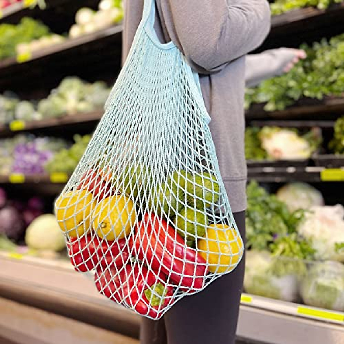 allydrew Cotton Mesh Net Shopping Bag, Grocery Bag for Vegetables, Produce (Set of 3), Hot Pink, Beige, Teal