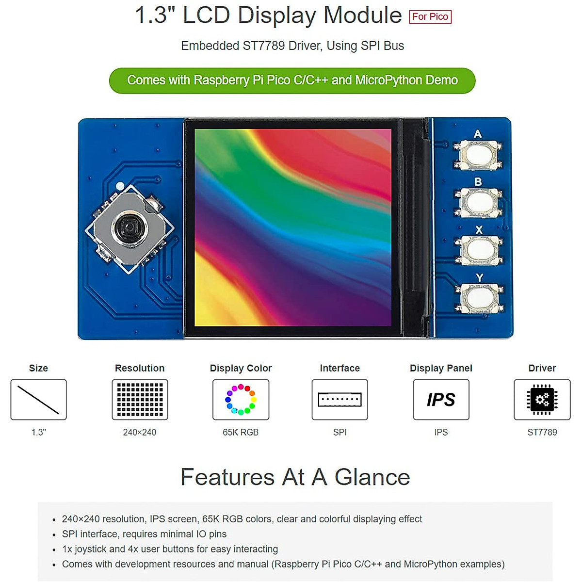 Waveshare 1.3inch RGB LCD Display Module for Raspberry Pi Pico, 240×240 Resolution IPS Screen 65K RGB Color SPI Interface ST7735S Driver