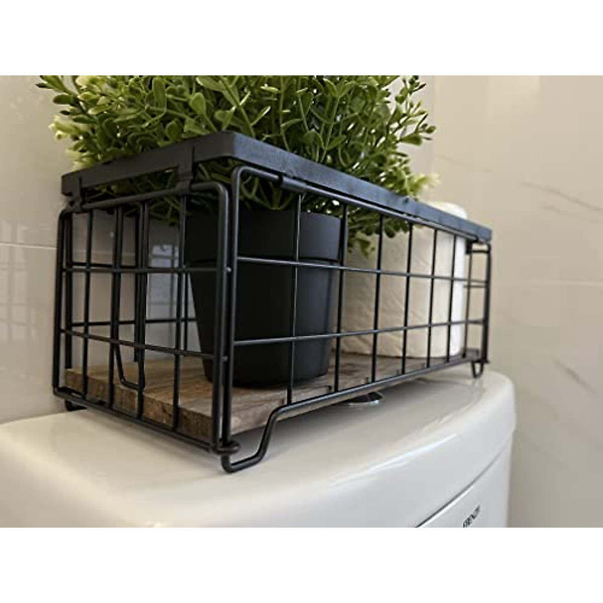 Metal Wire Storage Basket Bin for Toilet Paper, Coffee Pod cups, Towel, Shampoo, Toilet Tank Tray Decor Box, Kitchen basket for Countertop Cabinet Laundry, Bathroom Basket Toilet Tray- Black SHIN·YIK