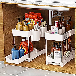 2 Pack Under Sink Organizers and Storage, 2 Tier Bathroom Organizer with Pull Out Drawer, Sliding Cabinet Basket Organizer with 4 Cups 8 Hooks, Multi-purpose Storage Shelf for Bathroom Kitchen, White
