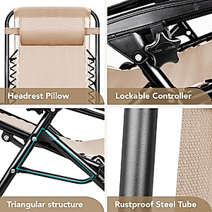 Devoko Patio Zero Gravity Chair Outdoor Folding Adjustable Reclining Chairs Pool Side Using Lawn Lounge Chair with Pillow Set of 2 (Beige)