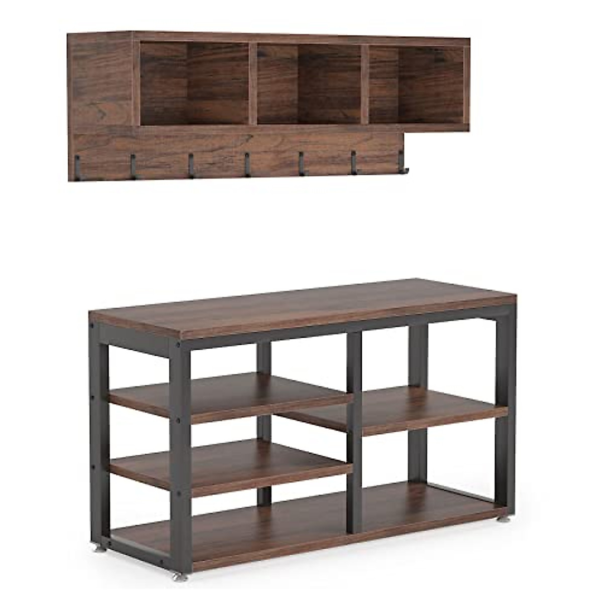 Tribesigns Industrial [Shoe] [Rack] [Bench] with Coat [Rack] Set With Hall Tree, 3 Storage Cubbies, 7 Hooks for Entryway, Hallway, 5-in-1Design, Rustic Brown