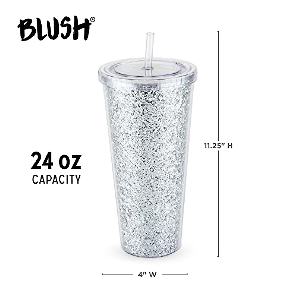 Blush Silver Glam Double Walled Glitter 24oz Tumbler | Reusable, Leak-Proof, Travel, Clear Plastic, Slim, Iced Coffee Cup with Silicone Seal, Screw-On-Lid, and Straw, 1 Count (Pack of 1)