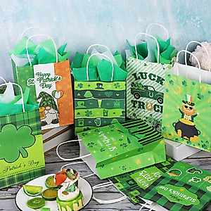 MIMIND 24 Pack St. Patrick's Day Gift Bags with 24 Sheets Tissue Paper Irish Green Clover Goodie Treat Bags with Handle Shamrock Theme Party Favor Bags for St. Patrick's Day Party Supplies, 8 Designs